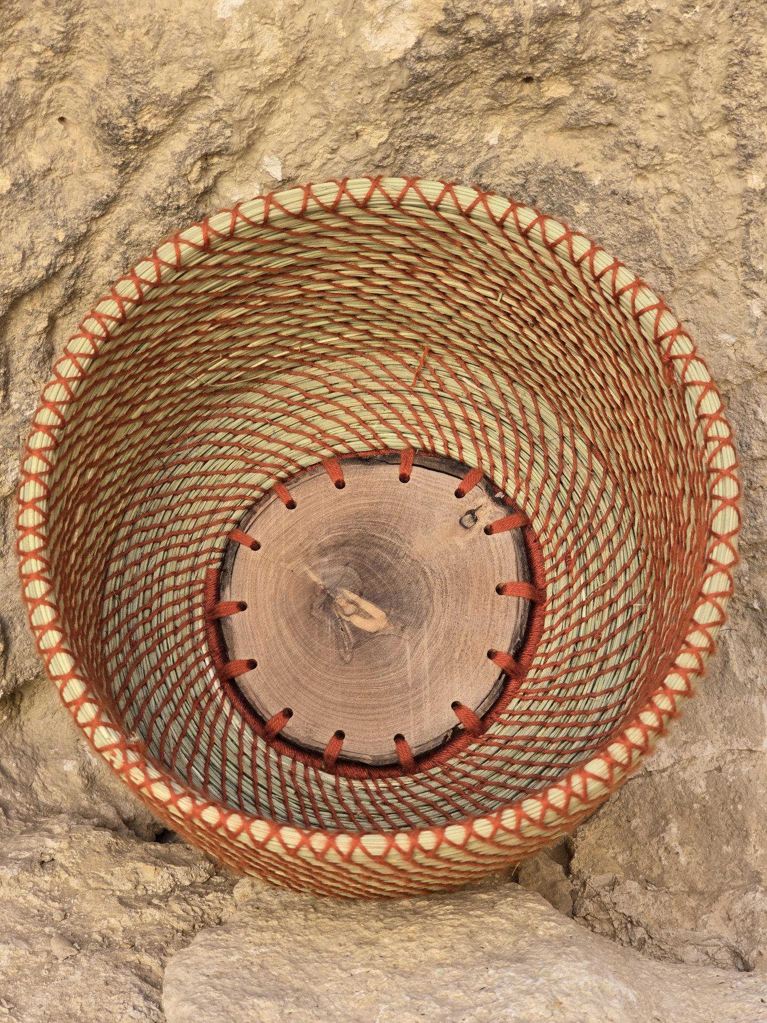 Natural Grass Basket with Olive Wood Base - Acacia siwa